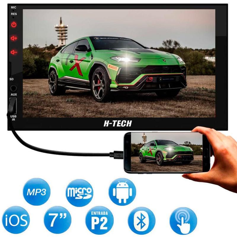 Central Multimidia Mp5 7" H-Tech USB Bluetooth Espelhamento Via Cabo USB para Android e IOS Tela ...