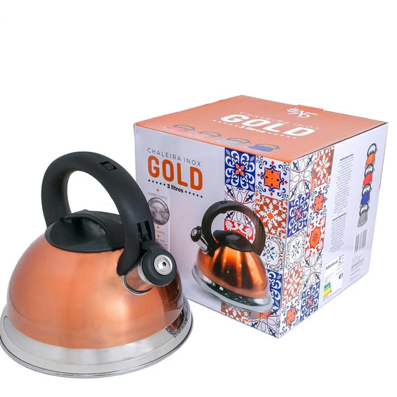 Chaleira Inox Gold 3 Litros Fundo Duplo Café Ou Chá C/ Apito - A5 ...