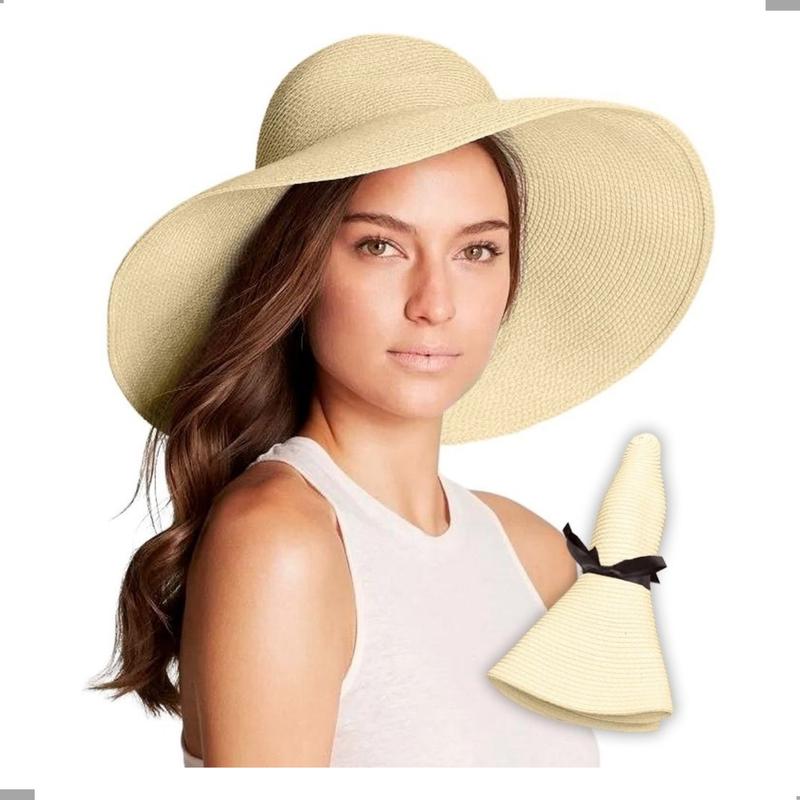 Chapeu Feminino Praia Viseira Larga Floppy Palha Sintética Dobrável ...
