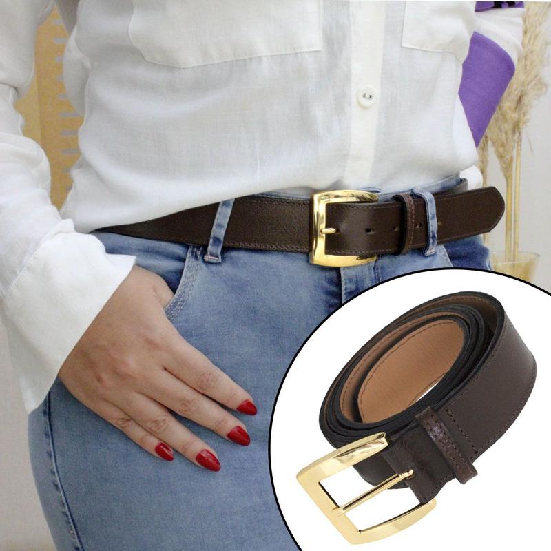 Cinto Feminino de Couro Marrom Sofisticado Fivela Banhada a Ouro ...