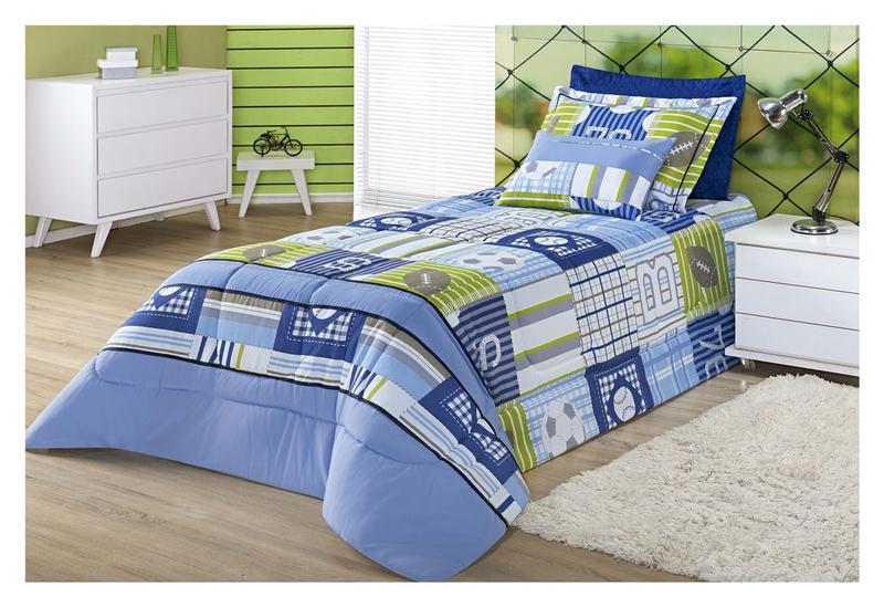 Colcha Solteiro Algodão 150 Fios Menino 4 Peças Dupla Face Azul ...