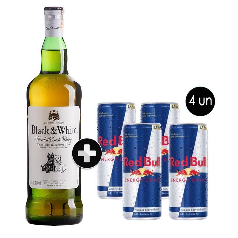 Combo 1 Whisky Black & White 1L + 4 energético Red Bull 250 ml ...