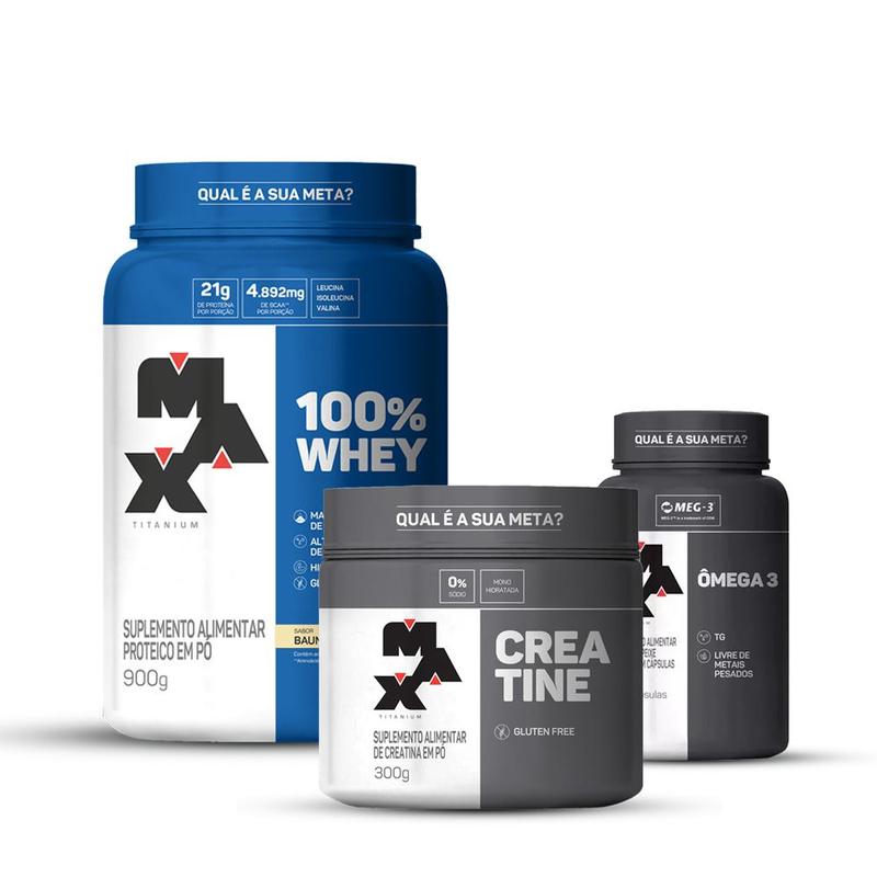 Combo 100% Whey 900g, Creatina 300g e Ômega 3 90 Cápsulas - Max ...