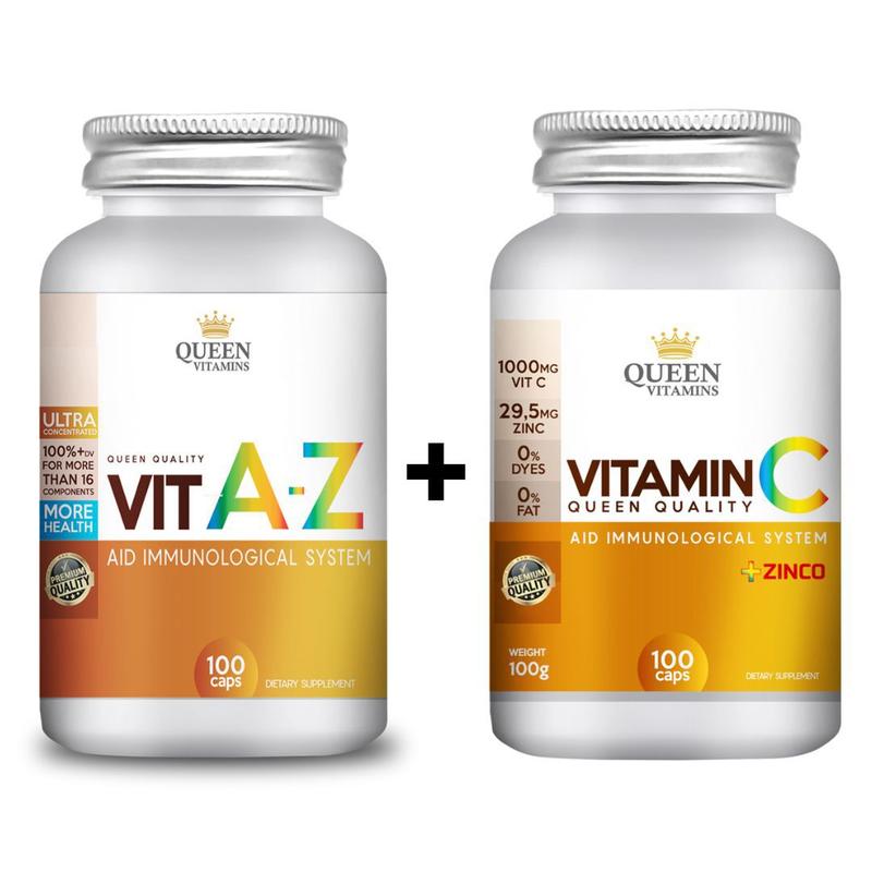 Combo Multivitamínico Completo Vit A-Z 100cps + Vitamina C 1000mg + Zinco 29,5mg 100 Cps Queen ...