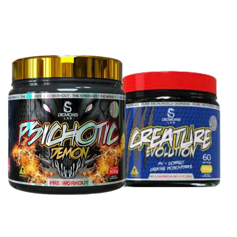 Combo pré-treino psichotic gold 500g + creatina creature evolution 300g demons lab - Pré Treino ...