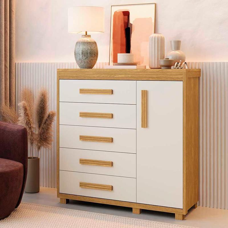 Cômoda 5 Gavetas 1 Porta Cinamomo Off White Londres Fênix - Cômoda - Magazine Luiza