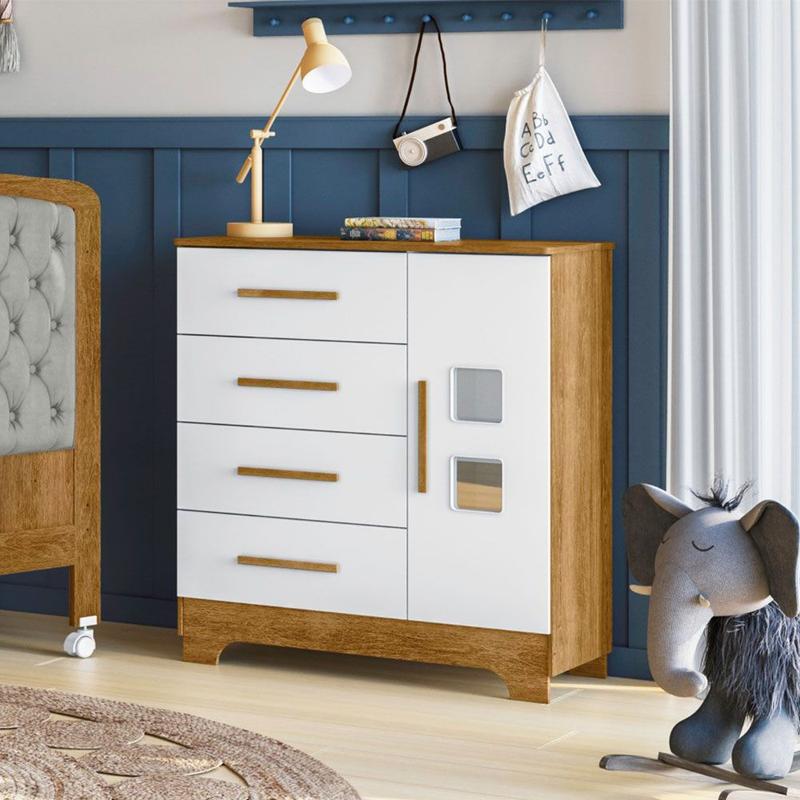 Cômoda com 01 Porta e 04 Gavetas 100% MDF Fly Branco/Madeirado Ypê ...