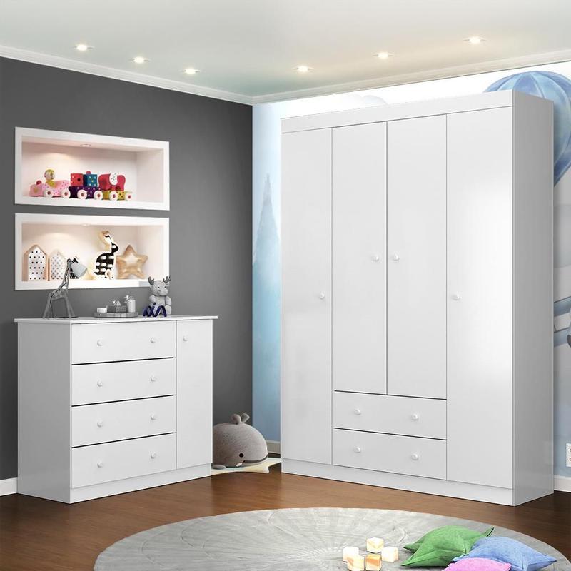 Cômoda Com Guarda Roupa Infantil 4 Portas Branco Eduardo 100% MDF Shop ...