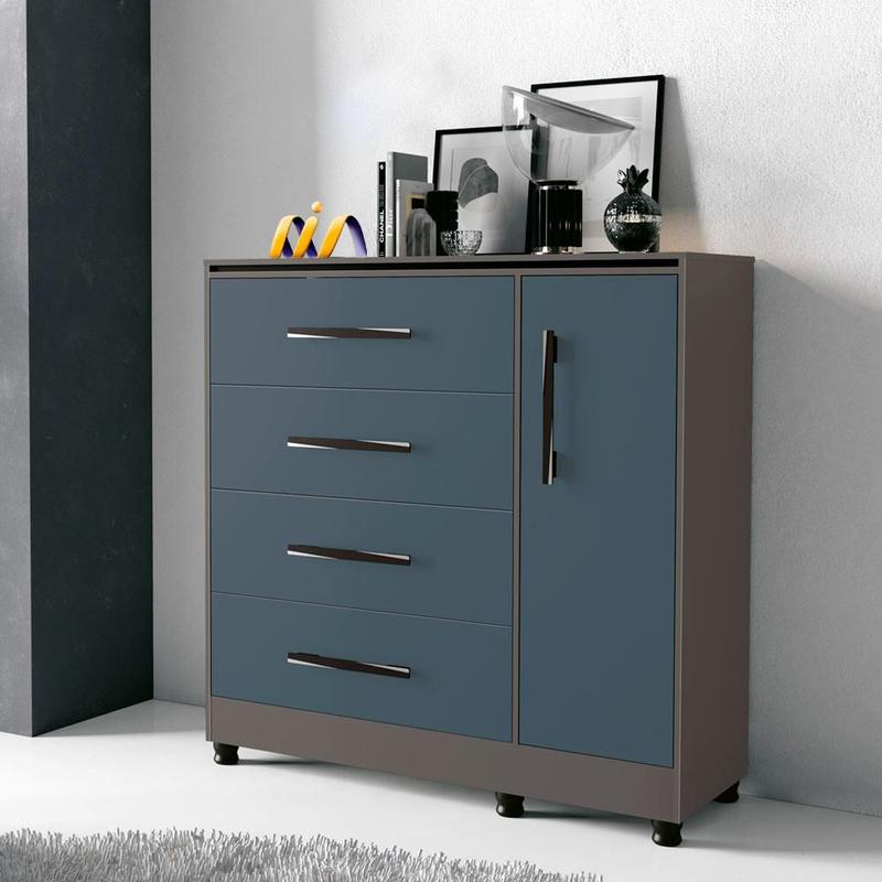 Cômoda Para Quarto Com Sapateira 4 Gavetas Grafite Azul Delta Fênix - Cômoda - Magazine Luiza