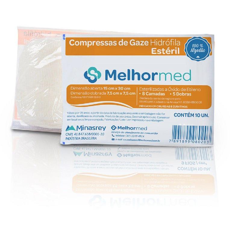 Compressa de Gaze Estéril 7,5 x 7,5 Cm Pct C/ 10 Und - Melhormed - Gaze ...
