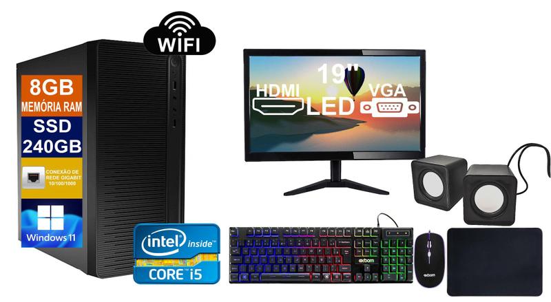 Computador Intel Core I5, 8GB DDR4, SSD 240GB M2 + Fonte 500w + Monitor 19P + Teclado+ Mouse ...