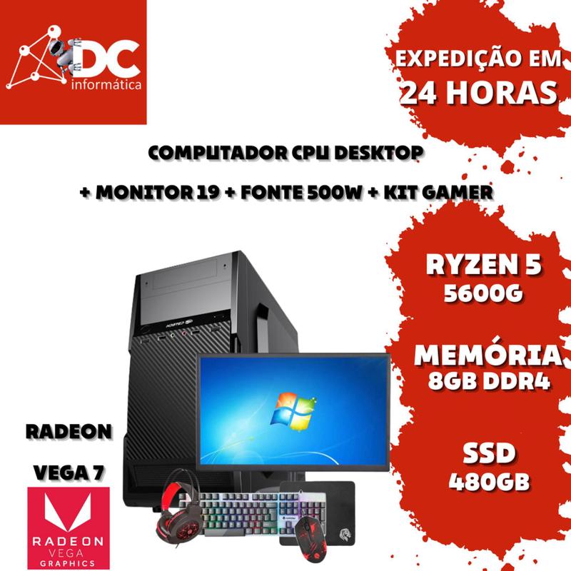 Computador pc cpu ryzen 5 5600g-8gb mem ddr4-ssd 480gb-radeon vega 7-fonte 500w-monitor 19-kit ...