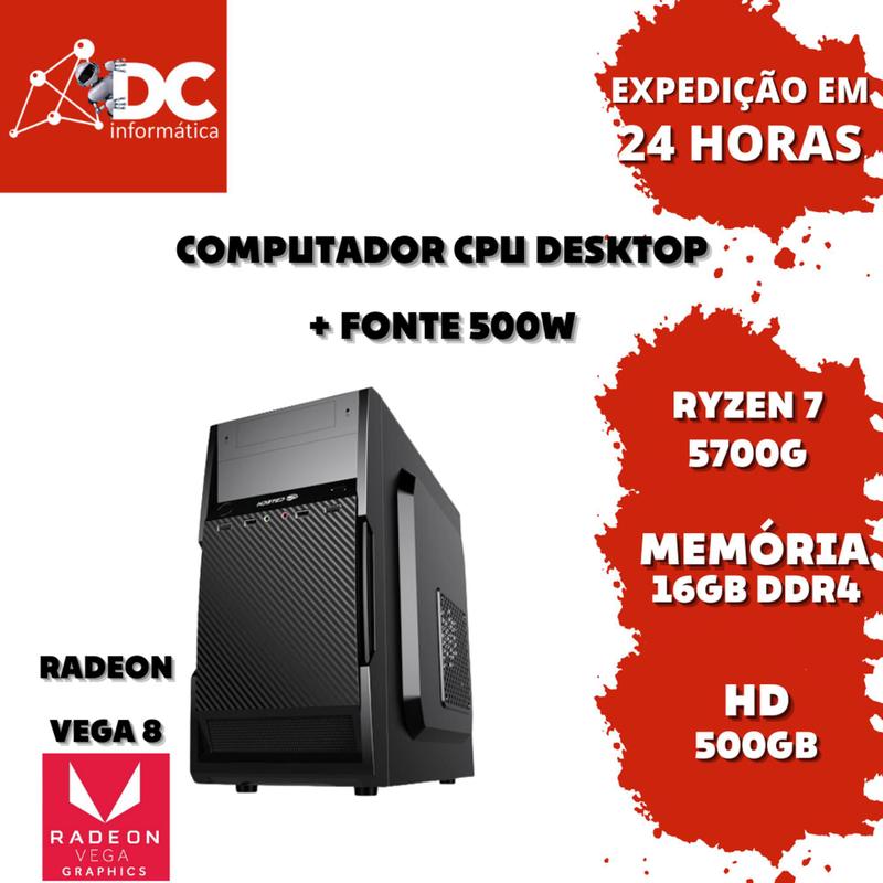 Computador pc cpu ryzen 7 5700g - 16gb memória ddr4 - hd 500gb - radeon ...