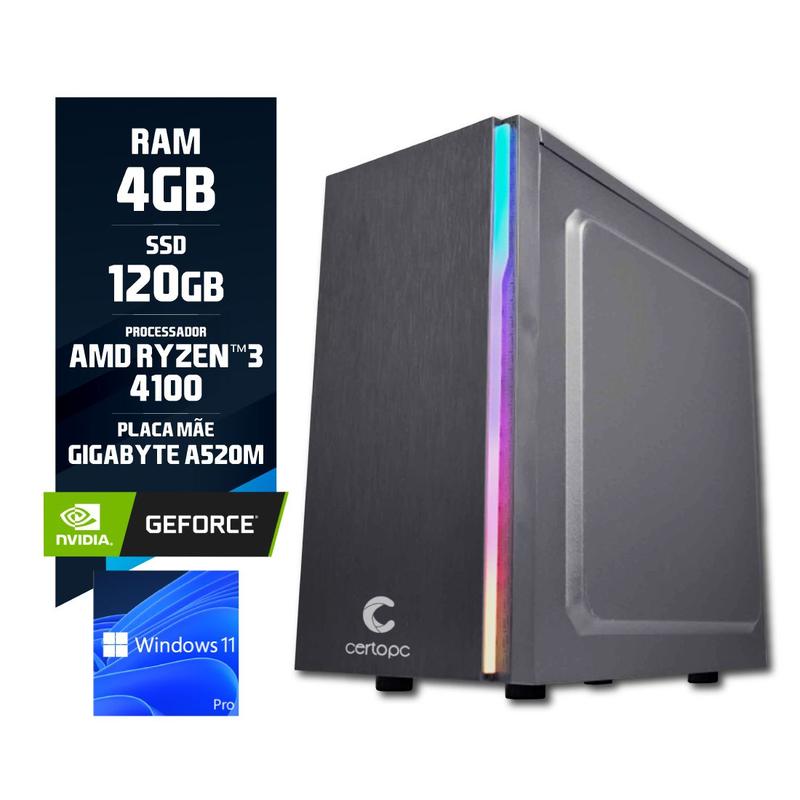 Computador Ryzen 3 4100 4GB SSD 120GB Geforce G210 Windows 11 PRO Certo ...