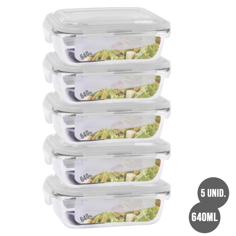 Conjunto 5 Pote 640ml Hermético Vidro Marmita Tampa 4 Travas - QUALITY-HOUSE - Marmitas ...
