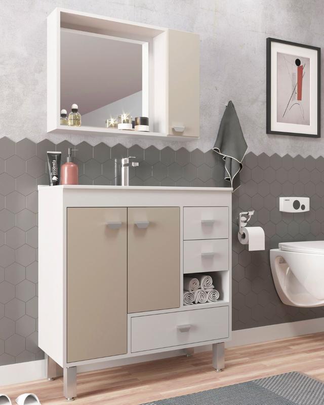 Conjunto Balcão Montado p/ Banheiro c/ Espelho Duna 80 Nude - Belizze ...
