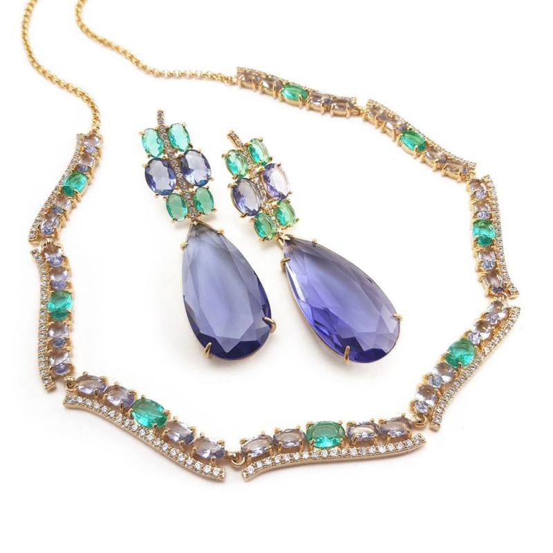 Conjunto Colar e Brinco Zircônias Ametista e Esmeralda Banhado a Ouro ...