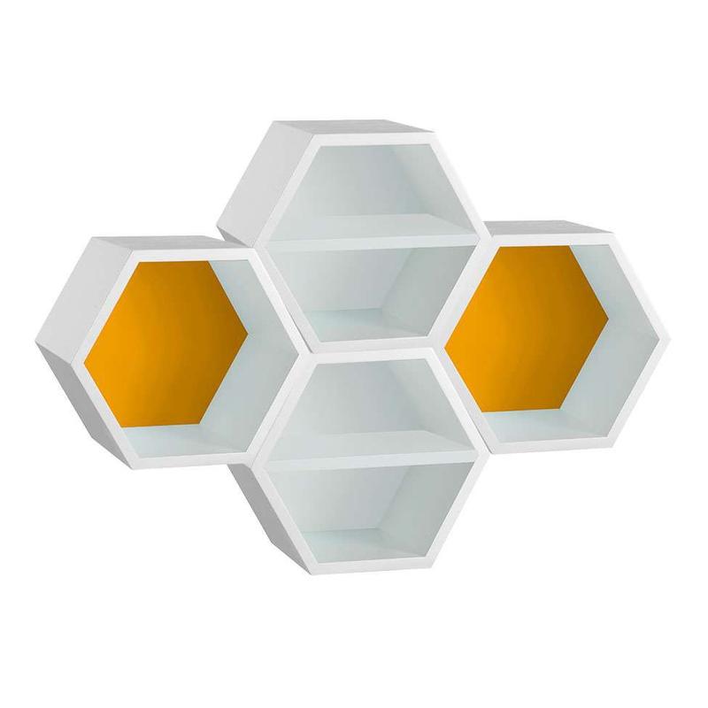 Conjunto com 4 Nichos Hexagonais Favo III com Prateleira Branco e Amarelo - Máxima Móveis ...