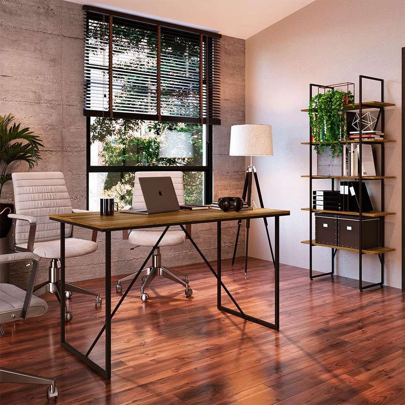 Conjunto de Escrivaninha com Estante Steel Wood Noce Oro e Preto 186 cm ...