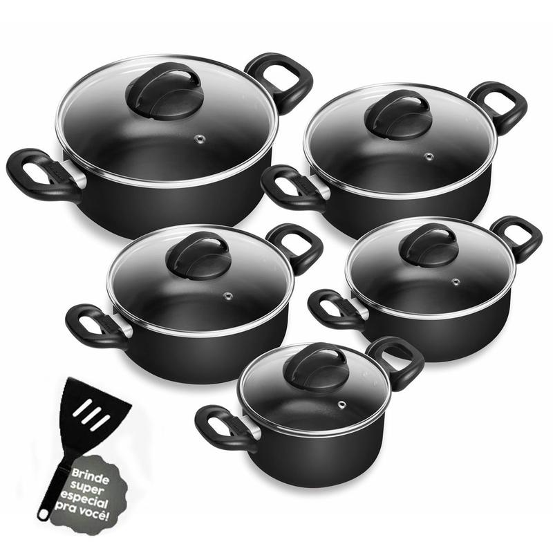 Conjunto De Panelas Preto Antiaderente 5 Peças Tampa De Vidro Patolux ...