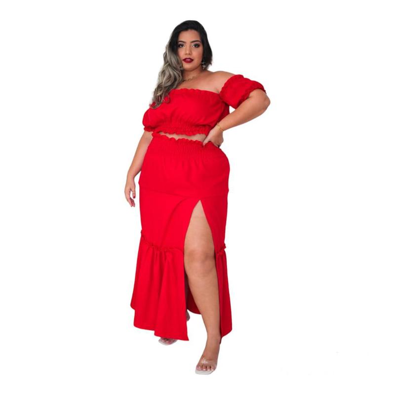 Conjunto Feminio Plus Size Saia Longa E Cropped Com Lastex - Thania ...