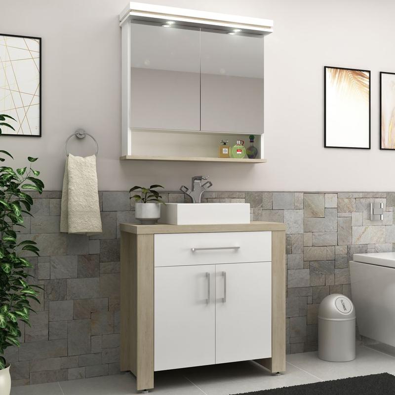 Conjunto Gabinete e Espelheira para Banheiro 80cm 04 portas 01 gaveta ...