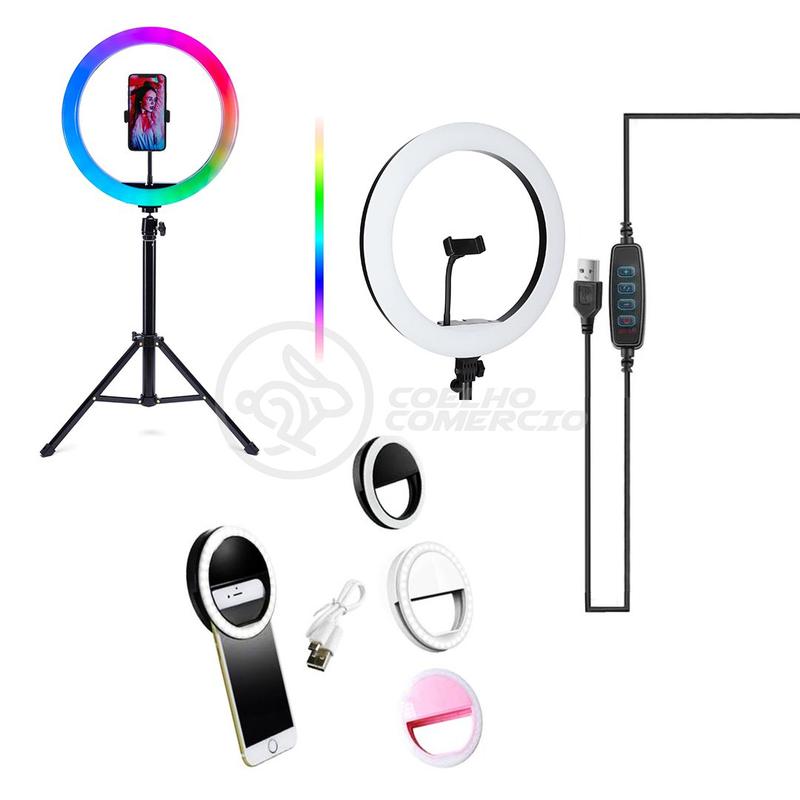 Conjunto Iluminação - Ring Light RGB + Tripé 1,5m + Mini Ring Light ...