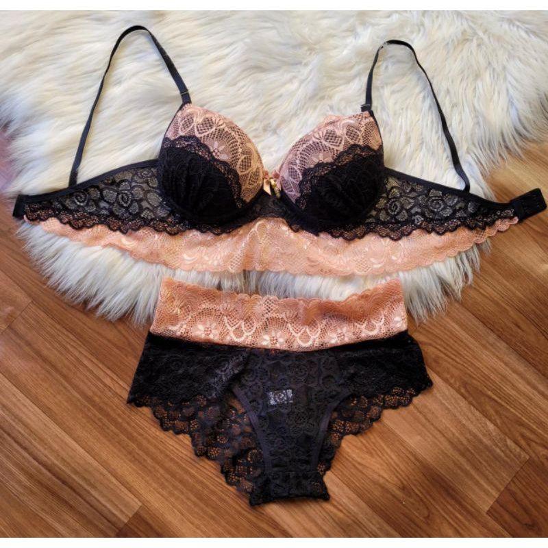 Conjunto langerie calcinha e sutiã Emilly de renda com bojo sensual ...