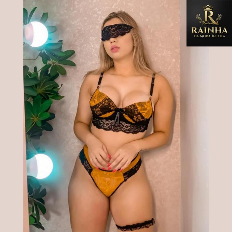Conjunto Lingerie Sexy Feminina - Amarelo - Rainha da Moda Íntima - Conjunto de Lingerie ...