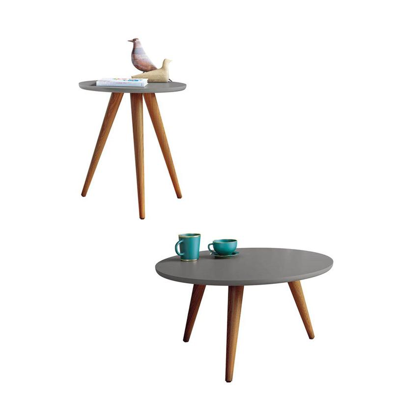 Conjunto Mesa De Centro E Mesa Lateral Pés Palito Sorelle Cinza Moon
