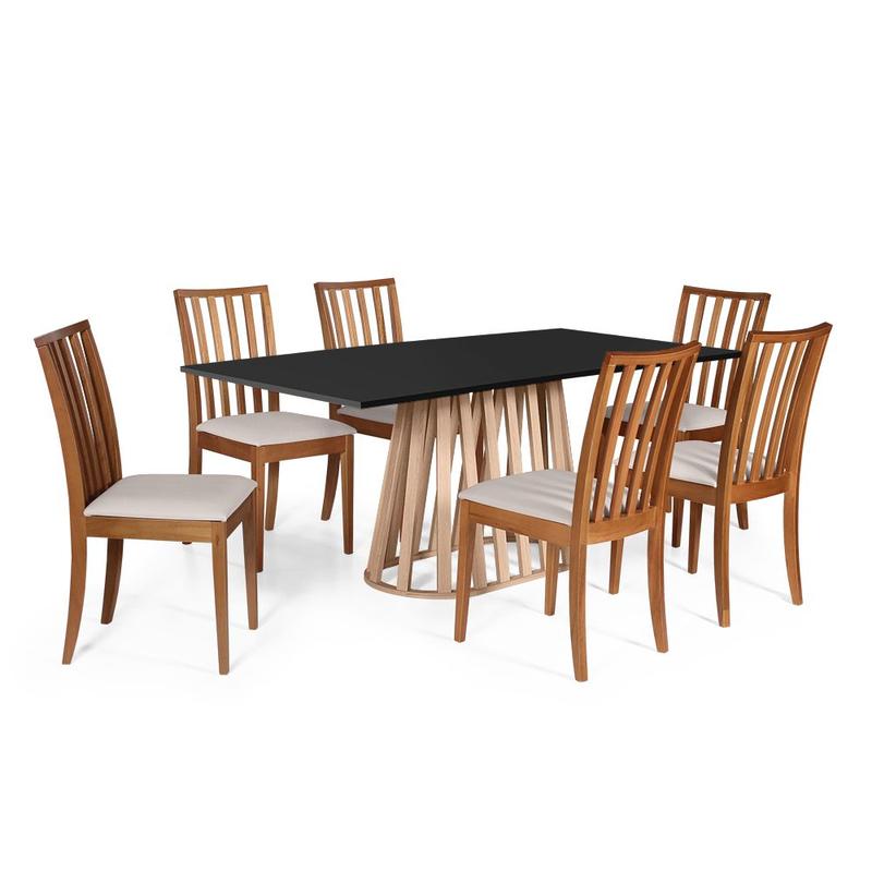 Conjunto Mesa de Jantar Retangular 180x90cm Gabi Preto/Jade com 6 Cadeiras Juno Ripada Cinza ...