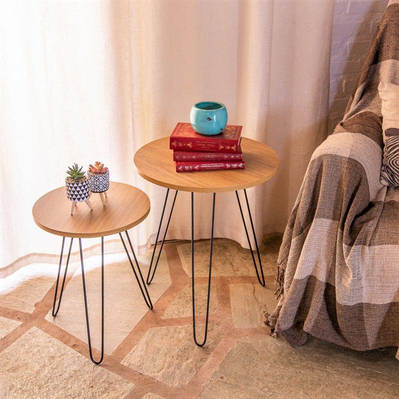 Conjunto Mesas Redonda Lateral Estilo Industrial Madeira Ferro Sala - Kelan - Mesa de Canto ...