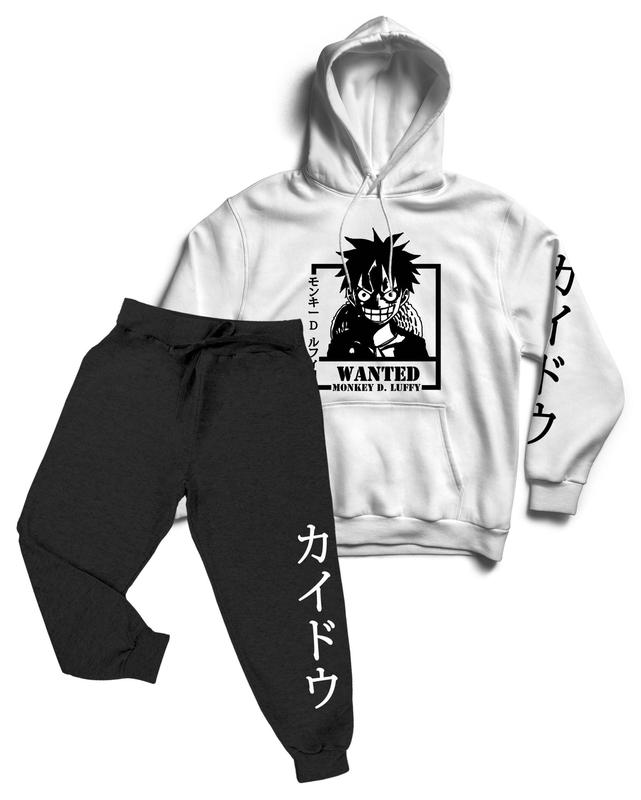 Conjunto Moletom Canguru e Calça One Piece Luffy Wanted Anime - Branco ...