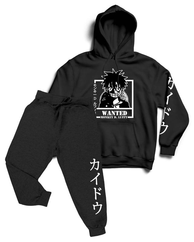 Conjunto Moletom Canguru e Calça One Piece Luffy Wanted Anime - Preto ...