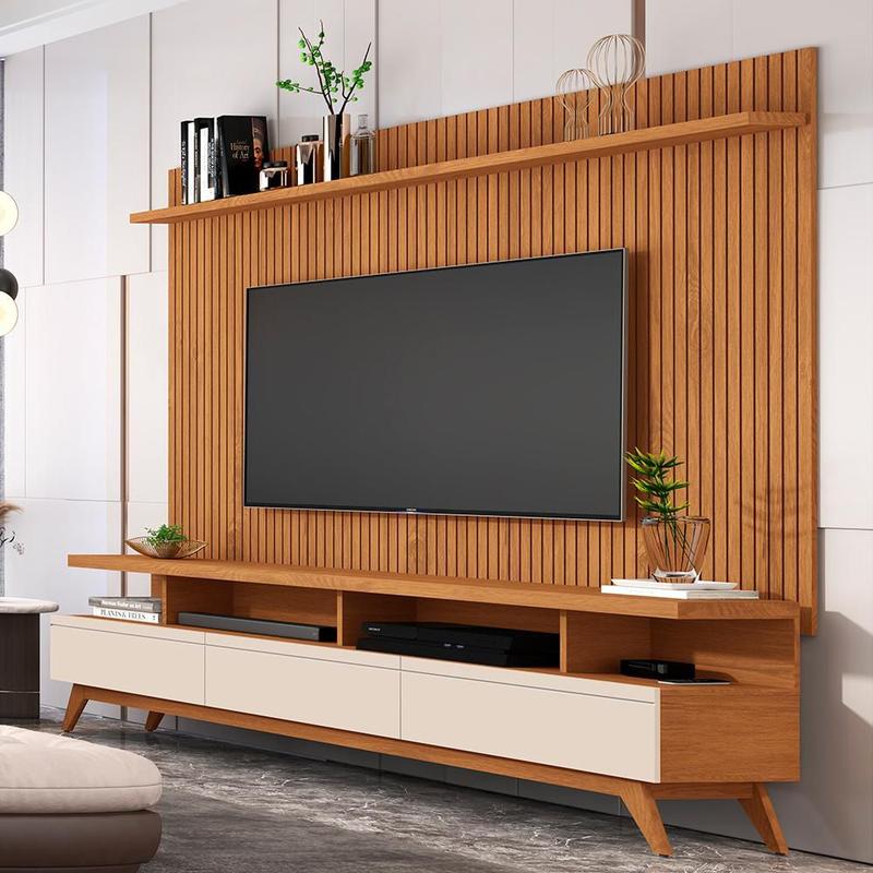 Conjunto Painel Ripado Frisado e Rack Dolomitas Nature Off White ...