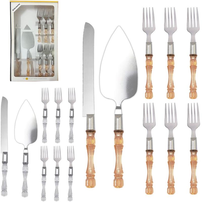 Conjunto para bolo com 6 garfo + espatula e faca de inox cabo acrilico ...