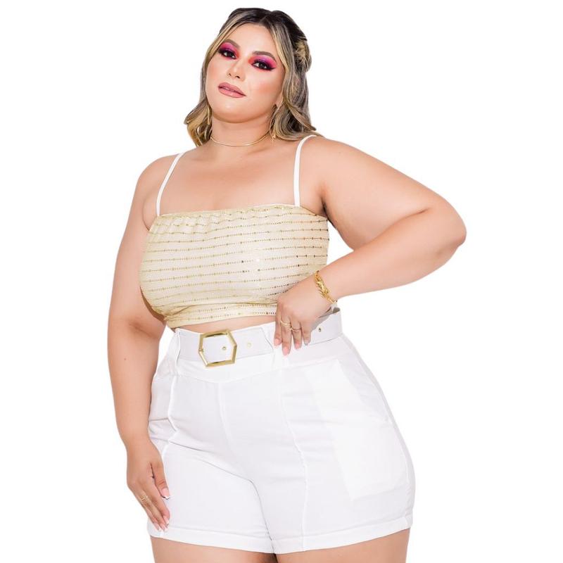 Conjunto Plus Size Cropped Paetê E Short Com Cinto 48 Ao 52 Bellucy