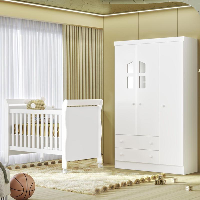 Conjunto Quarto Bebê Amore Branca: Guarda-Roupa 3 Portas e Berço ...