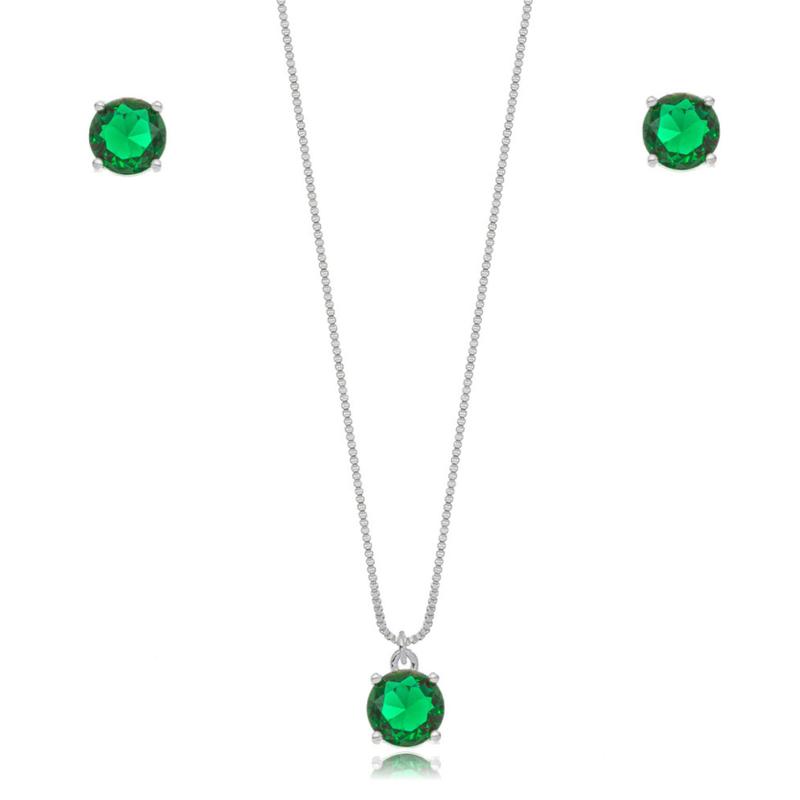 Conjunto redondo cristal esmeralda ródio branco (8mm) - MICHELLE T ...