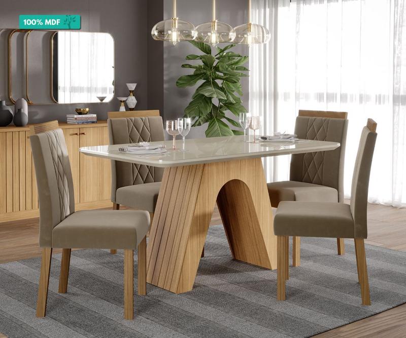 Conjunto Sala de Jantar Clara 130X80 Tampo em MDF/Vidro 4 Cadeiras Alice Class Cimol Nature/Off ...