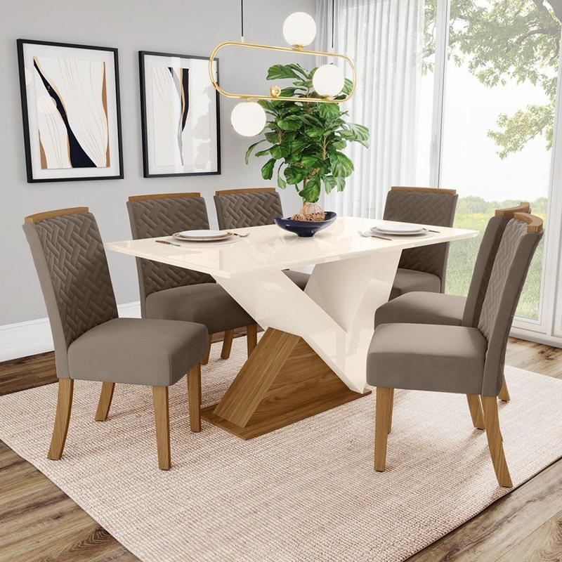 Conjunto Sala de Jantar Mesa 160cm Tampo MDF/Vidro Canto Reto com 6 ...