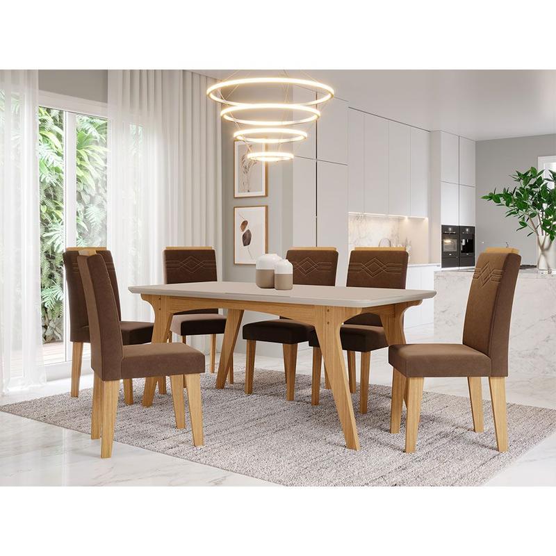 Conjunto Sala de Jantar Mesa Selena 180 cm com 6 Cadeiras Tais Cimol Nature/Off White/Chocolate ...