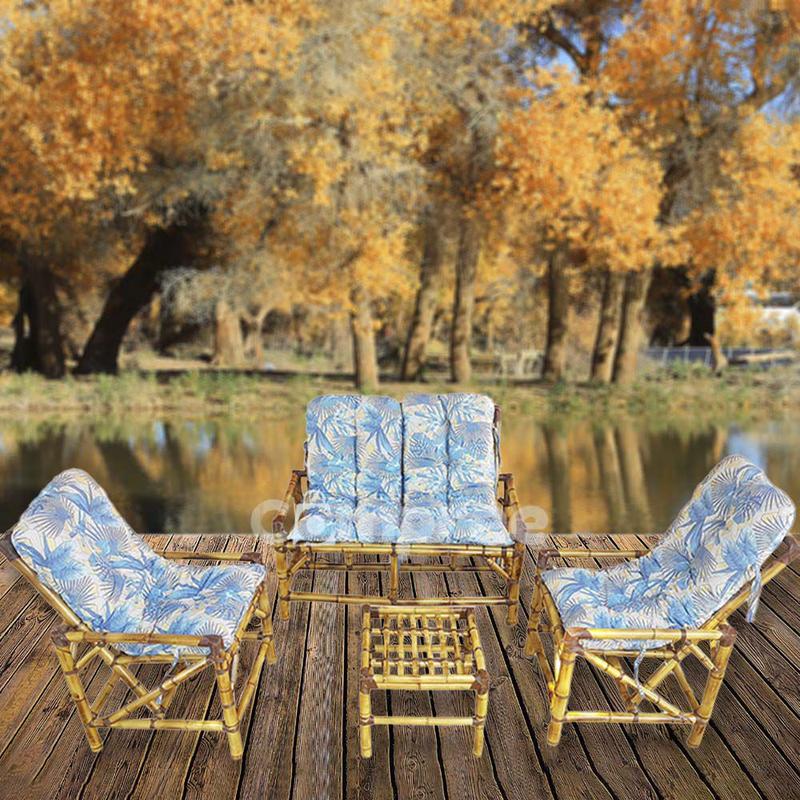 Conjunto Sofá de Bambu 4 Lugares Almofadas Impermeável Azul - Compree ...