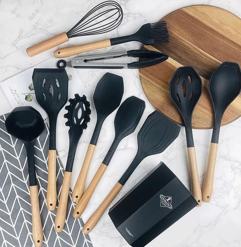 Conjunto Utensílios Profissional 12 Peças Cozinha Silicone PRETO Talher ...