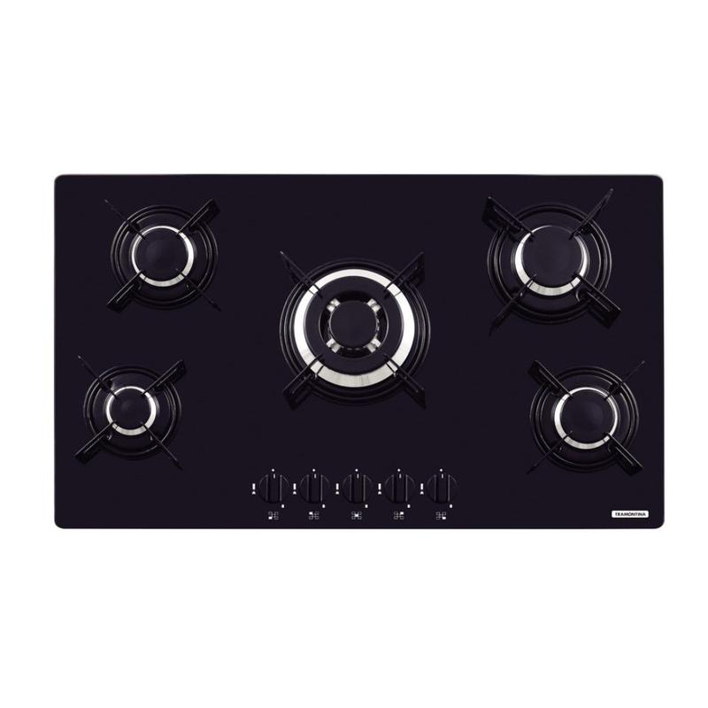 Cooktop 5 Bocas a Gás Penta em Vidro Temperado Preto e Trempes em Aço ...