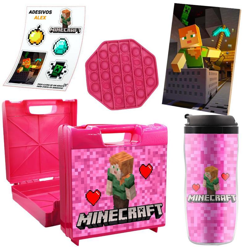 Copo Minecraft Lancheira e Adesivos Bloco de Montar Pop It - Geeks ...