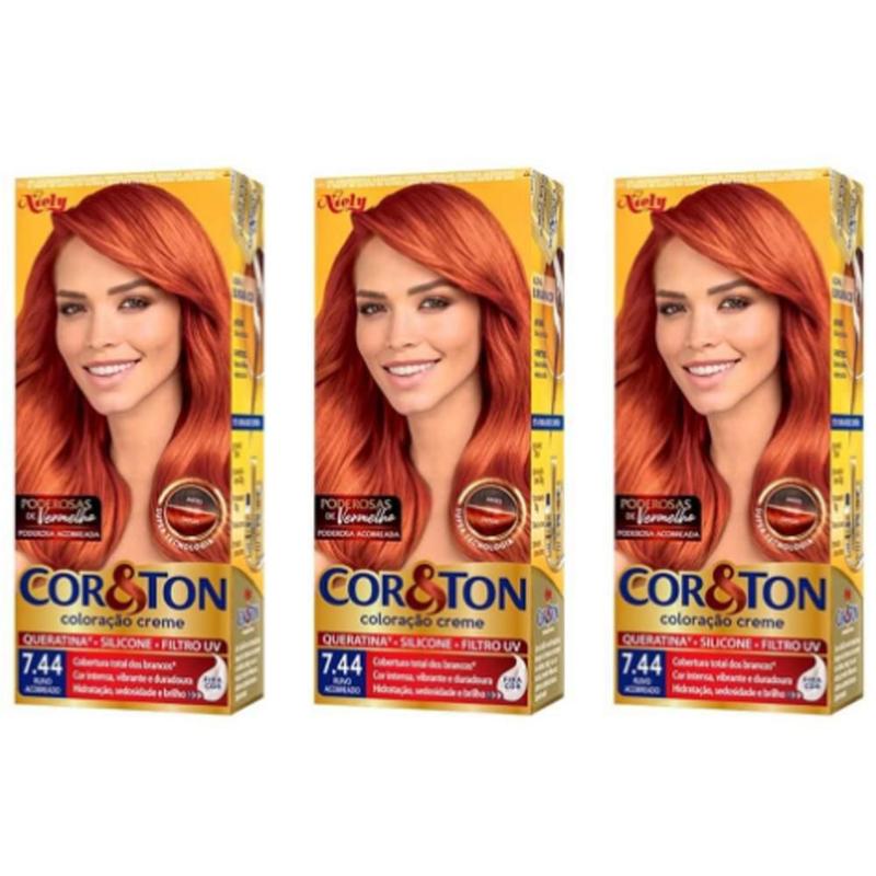 Cor & Ton 7.44 Ruivo Acobreado Tinta Capilar 50G - Kit C/03 - Cor E Ton ...