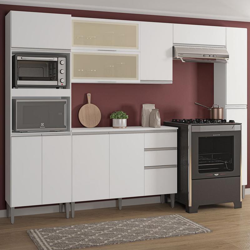 Cozinha Camélia Compacta + Balcão com Tampo + Paneleiro Simples Branco ...