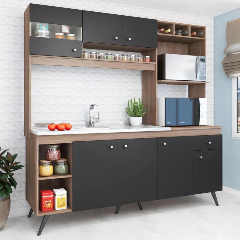 Cozinha Compacta Retrô Sabrina 7 Portas Teka/Grafite - Fellicci Moveis ...