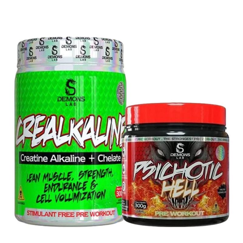 crealkaline 300g (creatine + chelato) + pré treino psichotic demons ...